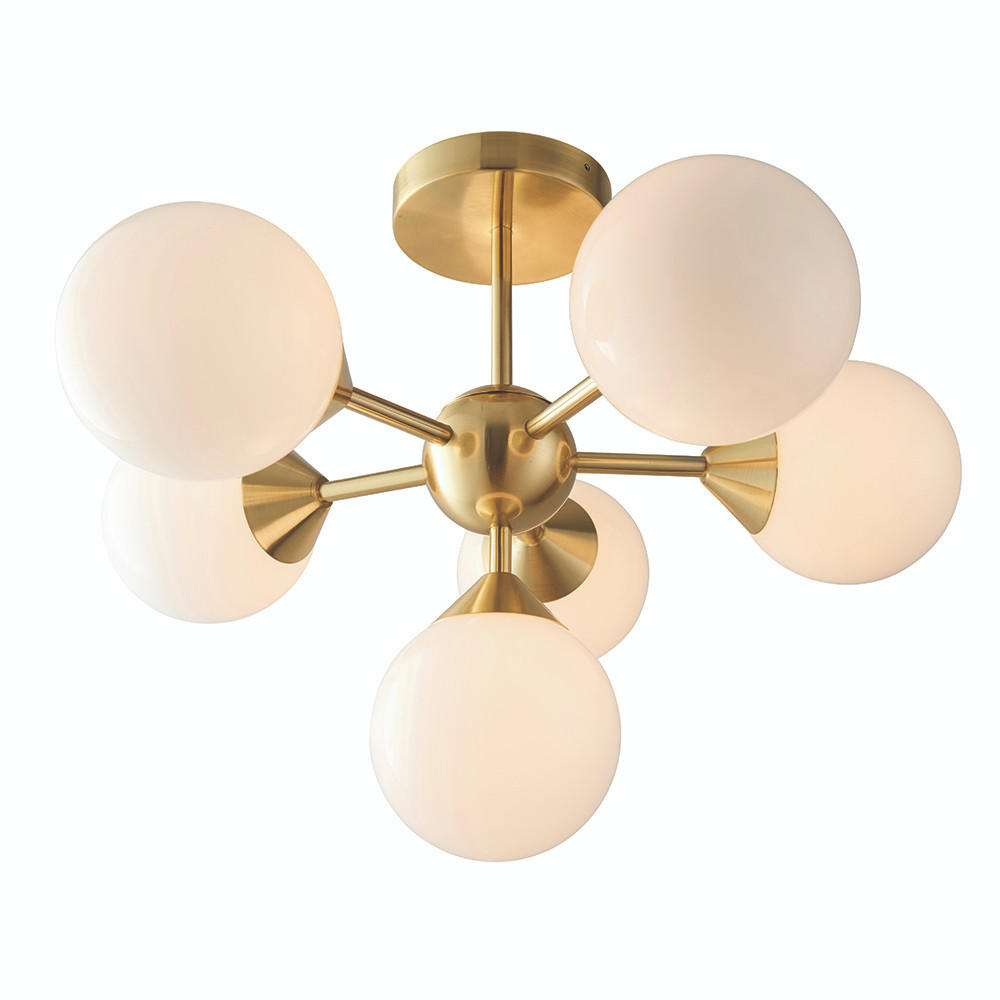 Oscar 6 Light Brushed Brass and Opal Glass Semi-Flush Ceiling Light