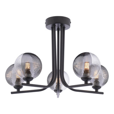 Cradle 5 Light Matt Black with Clear and Smoked Ribbed Glass Semi Flush ...