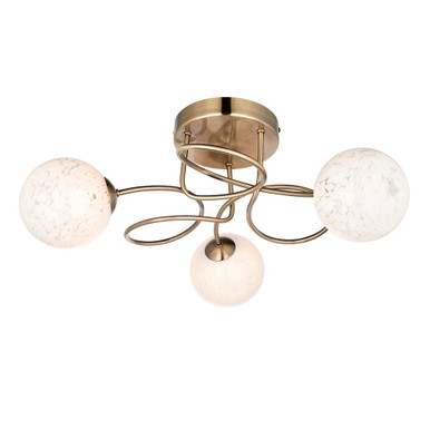 Delos Antique Brass with White Confetti Shades Semi Flush Ceiling Light