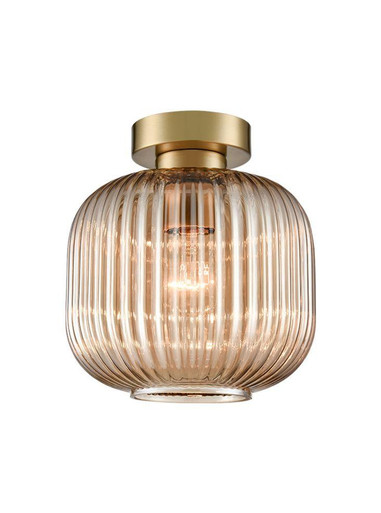Mezcla Aged Brass with Ribbed Amber Glass 20cm Flush Ceiling Light
