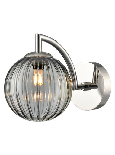 Globe Polished Nickel with Smoked Ribbed Sphere IP44 Bathroom Wall Light