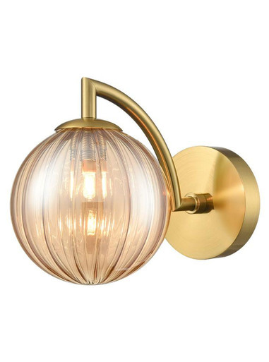 Globe Aged Brass with Amber Ribbed Sphere IP44 Bathroom Wall Light