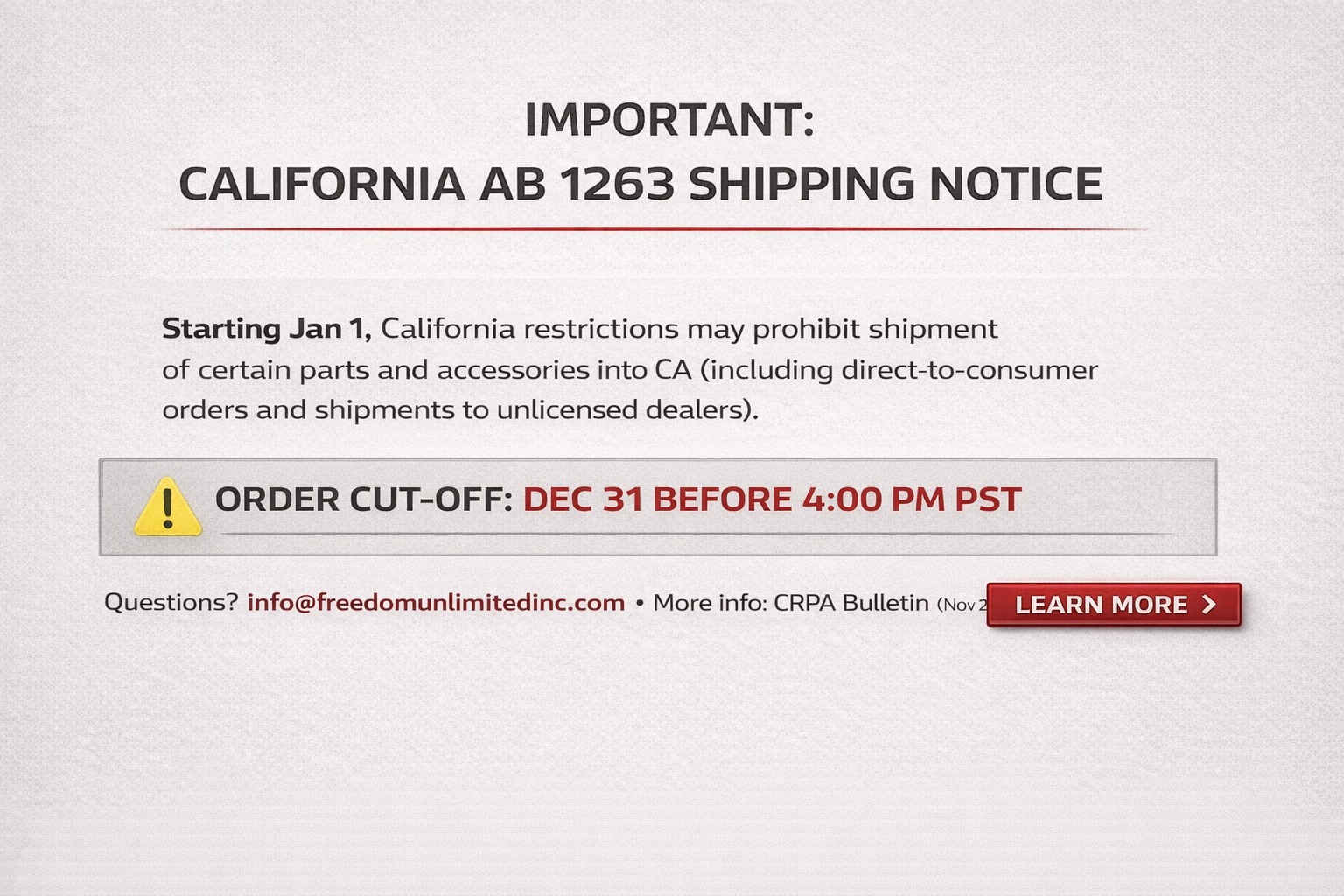 California AB1263 SHIPPING NOTICE - Freedom Unlimited Inc