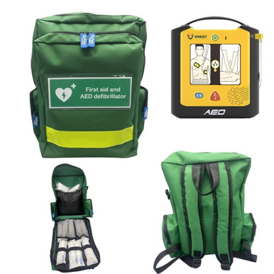 First Aid and AED Defibrillator Kit in GREEN Backpack Vivest