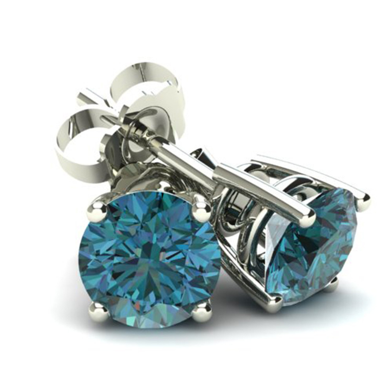25Ct Round Brilliant Cut Heat Treated Blue Diamond Stud Earrings in 14K Gold Basket Setting Blue SI