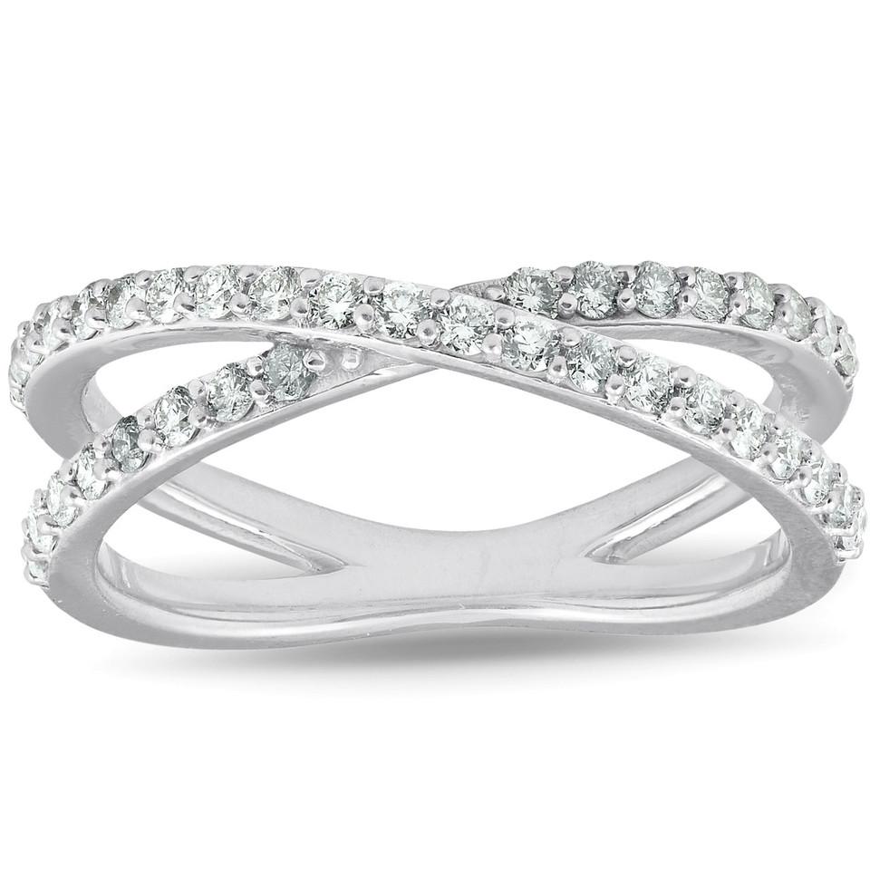 1/2Ct Diamond X Ring Wide Womens Fashion Design Multi Row Band 10k ...
