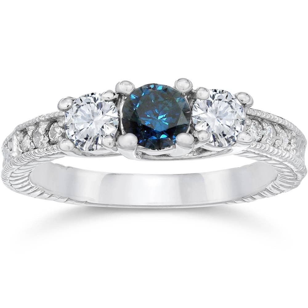 1ct Vintage Blue Diamond 3-Stone Engagement Ring 14K White Gold