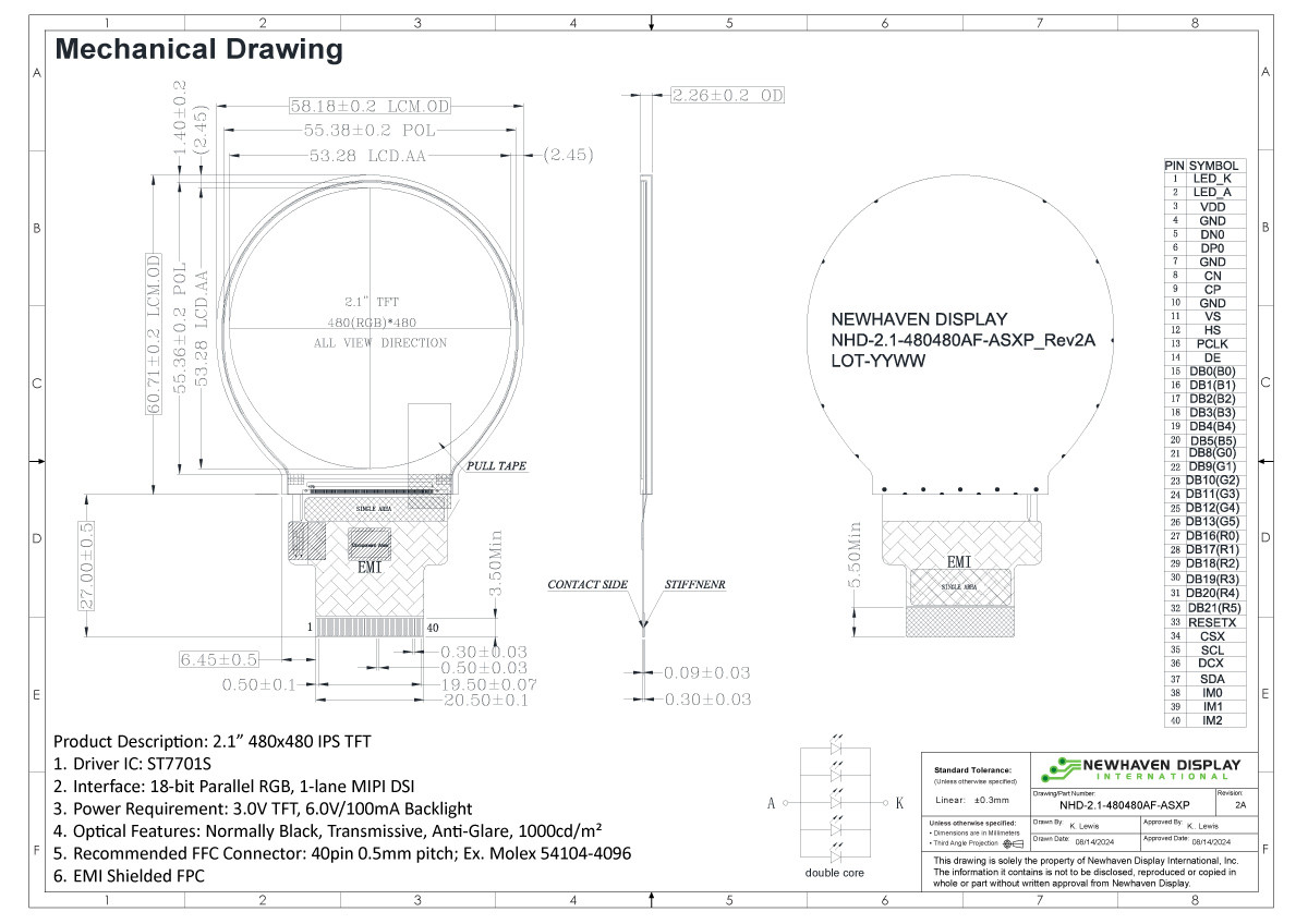 2.1 inch 480x480 Round IPS TFT LCD Display | Circular Color LCD