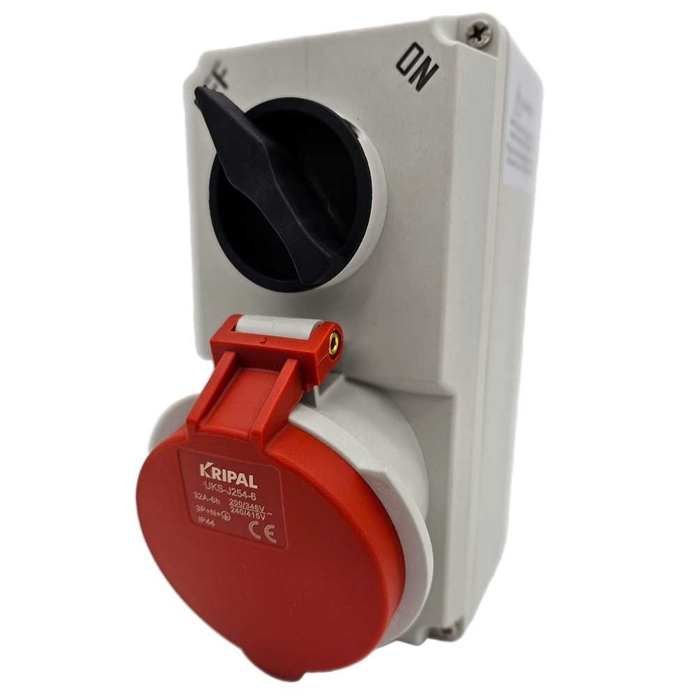 32A 3-Phase Wall Socket - 415V Locking Switch IP44 Supply
