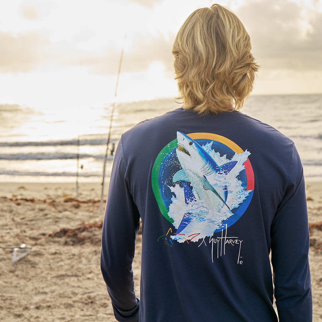 Shark Logo Lockup Guy Harvey Long Sleeve Tee - Greg Norman Collection