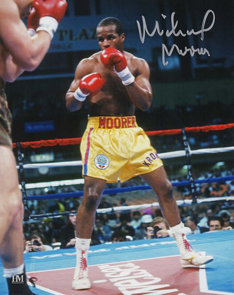 Michael Moorer Signed Boxing Gold Trunks Action 8x10 Photo - Schwartz ...