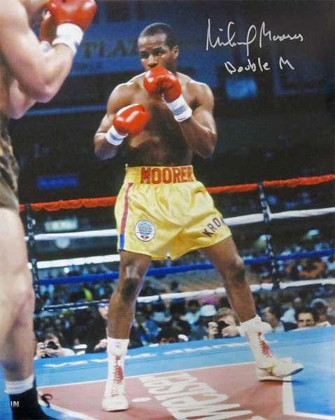 Michael Moorer Signed Boxing Gold Trunks Action 16x20 Photo w/Double M ...