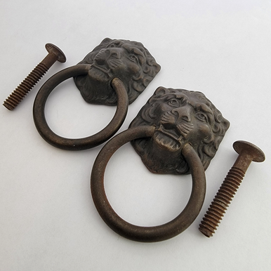 2 Antique Lion Head Drawer Pulls - Dark Metal (1800s-1900s)