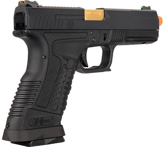 WE Tech GP1799 T1 Gas Blowback Airsoft Pistol, Black/Gold Barrel | Airsoft Station