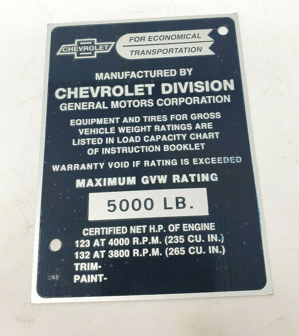 Chevrolet Pickup Truck Identification Plate 1/2 Ton 1956 - 1957 ...