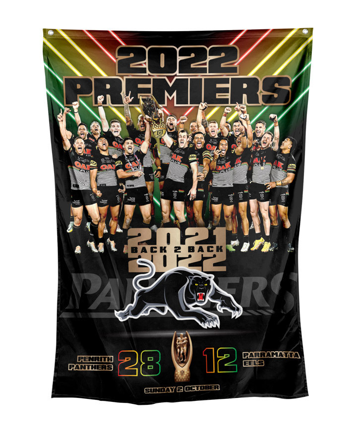 Official NRL Merchandise: Penrith Panthers 2022 NRL Premiers Wall Flag P2