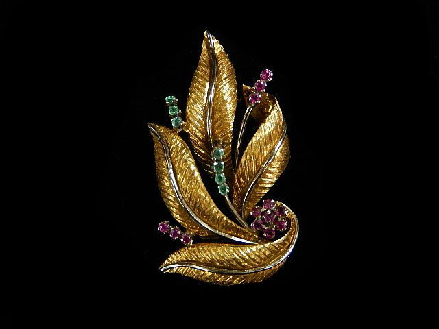 RUBY~EMERALD GOLD LEAF PIN | Antique Womens Pins NYC | Vintage Womens ...