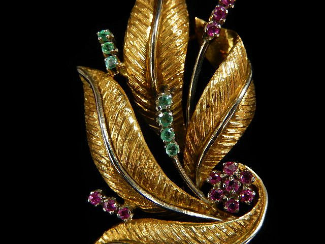 RUBY~EMERALD GOLD LEAF PIN | Antique Womens Pins NYC | Vintage Womens ...