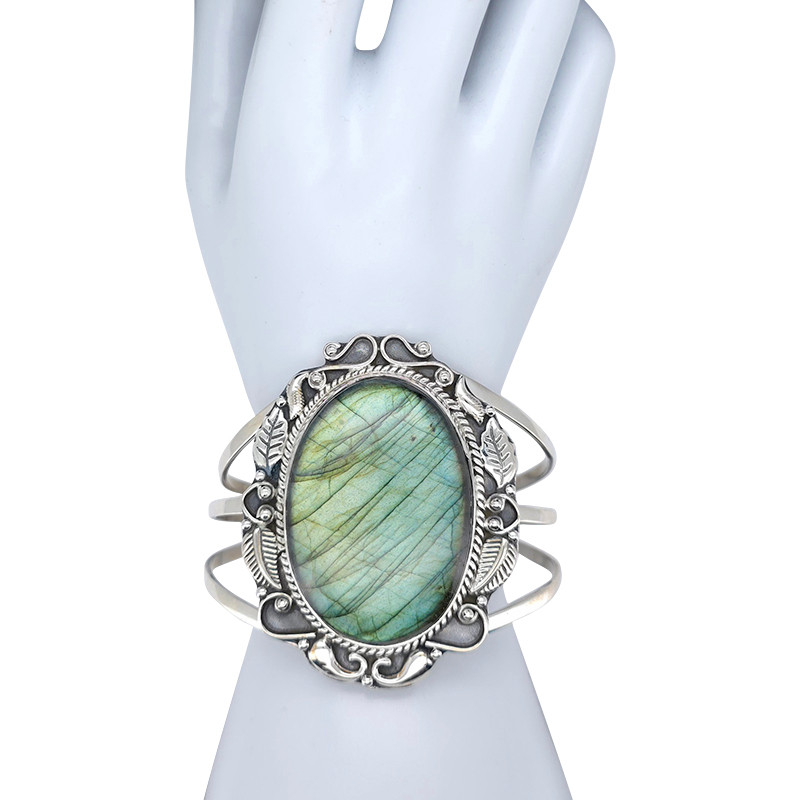 Labradorite Leaf Design Silver Cuff Bracelet