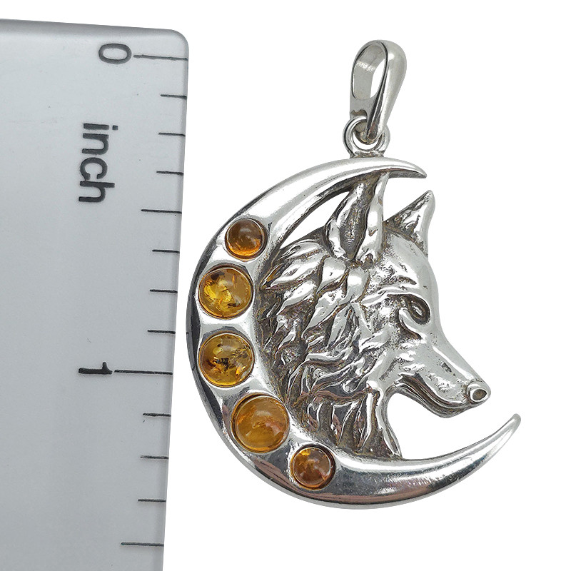 Cognac Amber Sterling Silver Moon And Wolf Pendant - Amberman