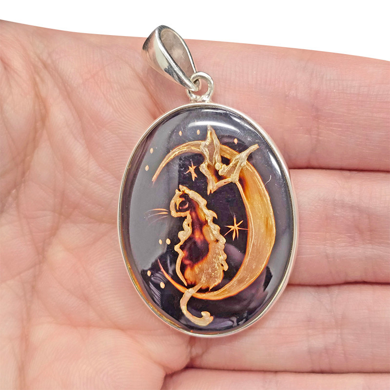 Cameo Amber /Intaglio Cat On Moon and Bat Pendant - Amberman