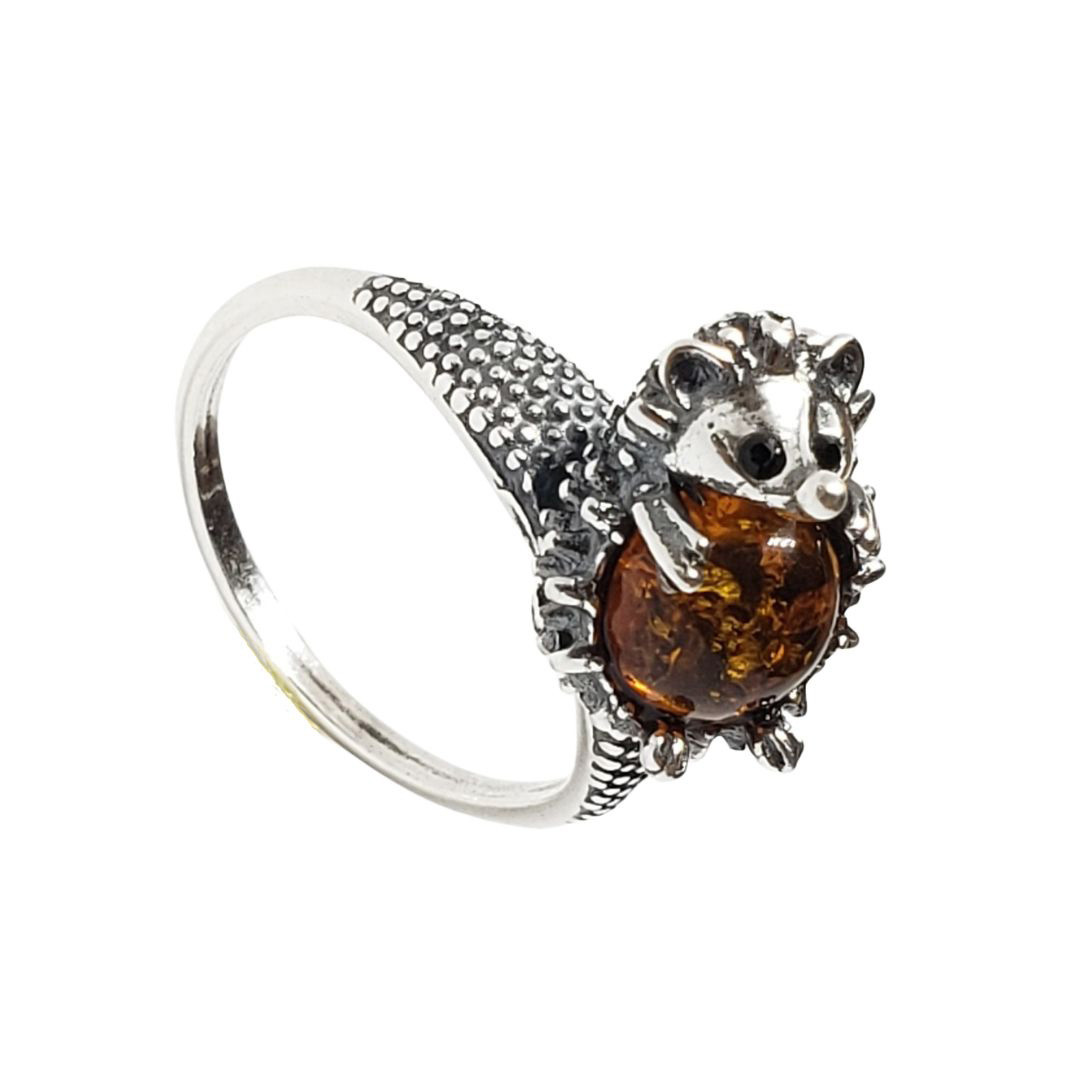 Cognac Amber Sterling Silver Hedgehog Ring - Amberman