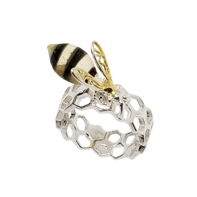 Multi-Color Amber Bee On Honeycomb Adjustable Ring - Amberman