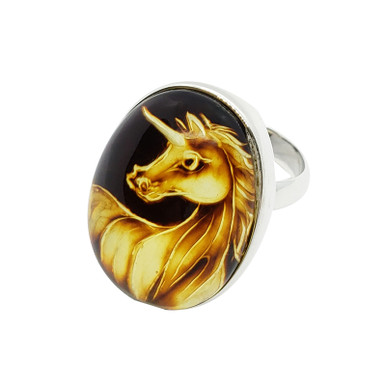 Carved Amber "Unicorn" Reversed Intaglio / Cameo Ring - Amberman