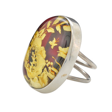 Cameo Amber/Intaglio Roses with Butterflies Adjustable Ring - Amberman