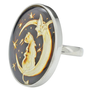Cameo Amber/Intaglio Cat on Moon and Bat Adjustable Ring --- - Amberman