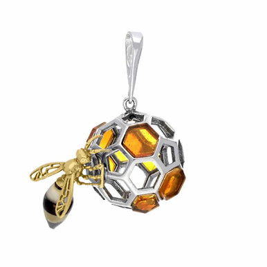 Bumble Bee With Gold Plated Wings On Honeycomb Amber Silver Pendant ...