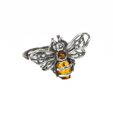 Bee Adjustable Amber Silver Ring - Amberman