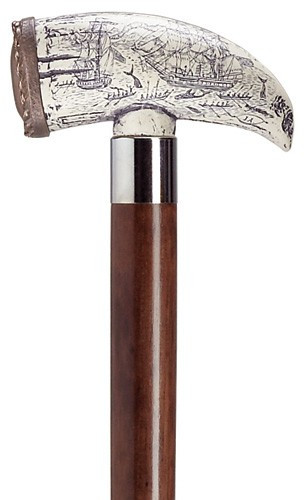 Antique Scrimshaw Embossed Whale's Tooth Walking Cane - Exquisite Canes