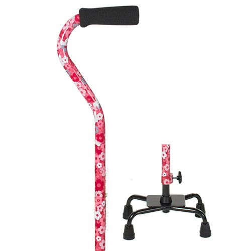 Ladies Hot Pink Floral Print Offset Handle Quad Cane - Exquisite Canes