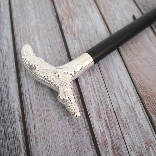 Silver Plated Brass Alligator Handle Walking Cane - Exquisite Canes