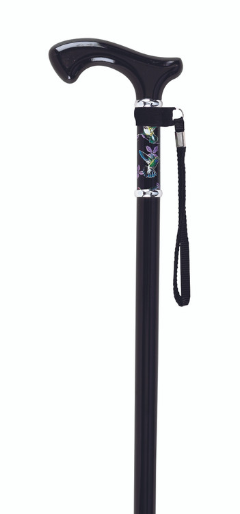 Black Hummingbird Floral Print Adjustable Walking Cane - Exquisite Canes