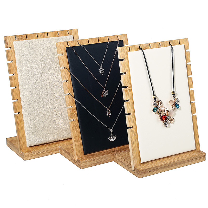 Wide Upright Wood Multi-Chain Necklace Stand White Leather - Zakka Canada