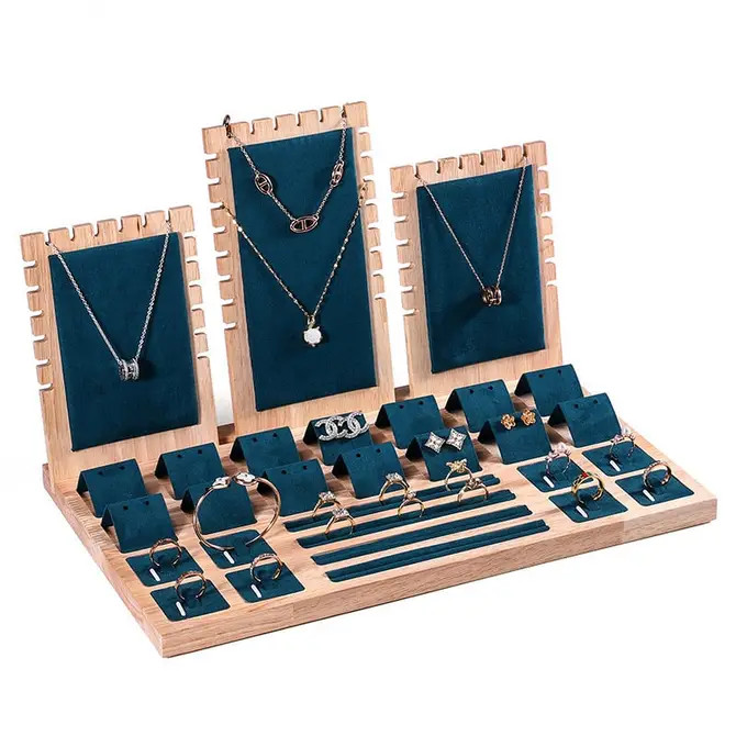 Wood Jewelry Display Showcase Set Green Velvet - Zakka Canada