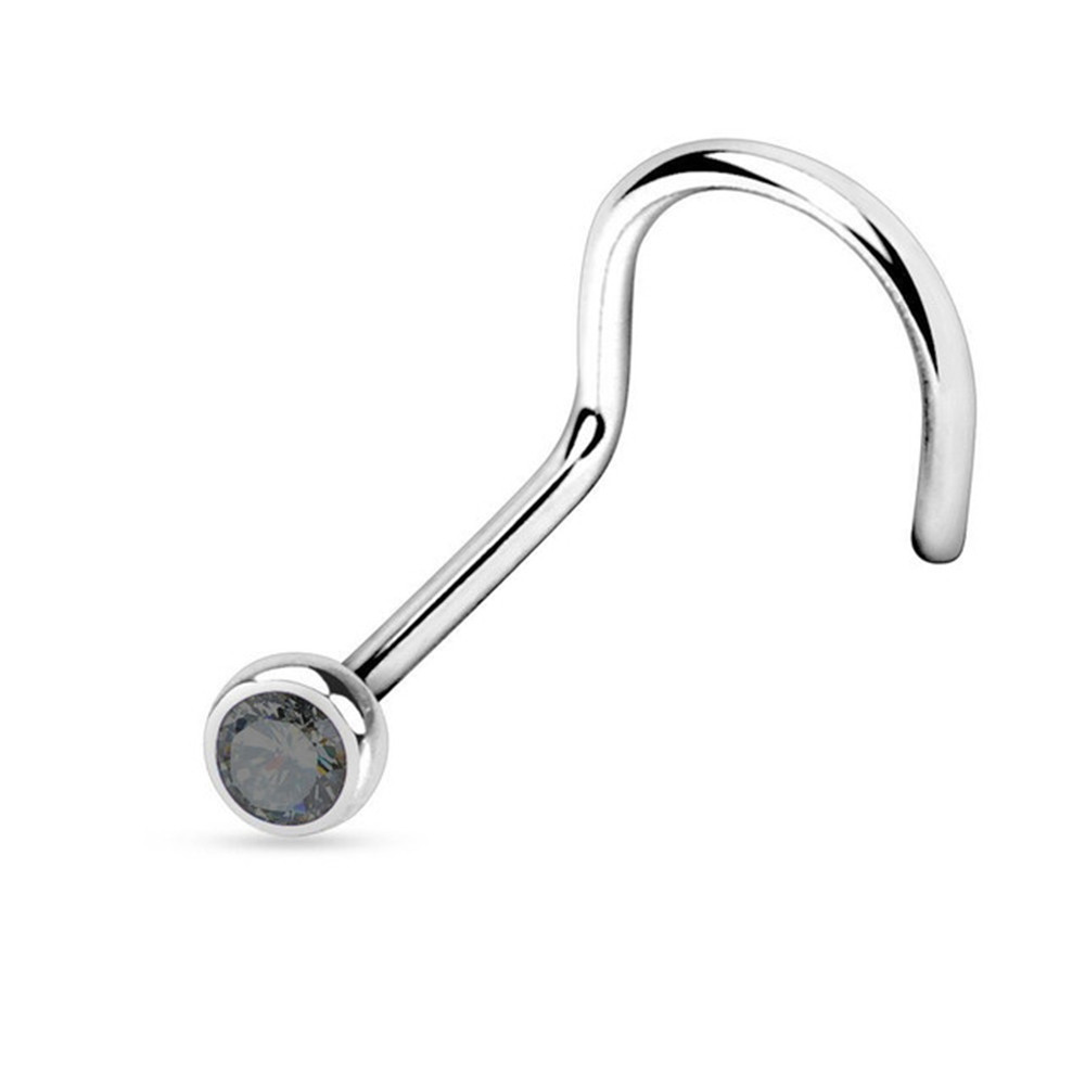 Bezel CZ Corkscrew Nose Rings Studs