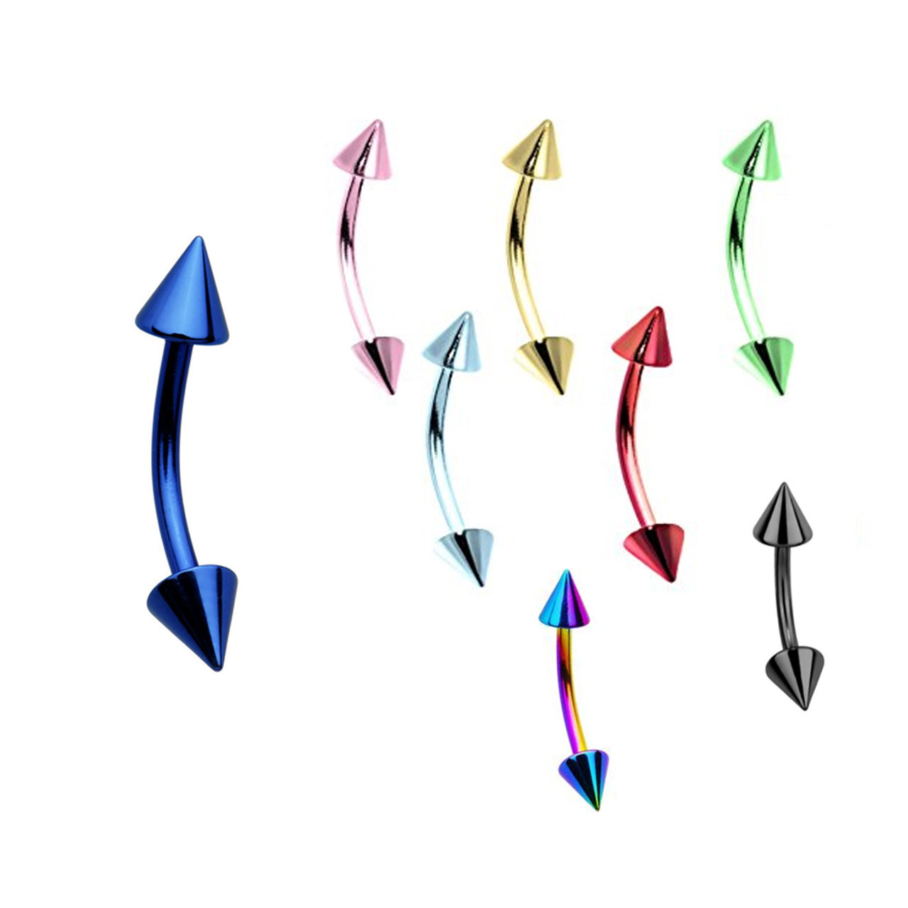 Spike End PVD Curved Eyebrow Barbells 16G 8mm