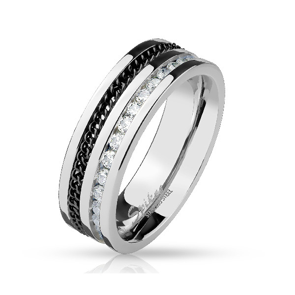 Stainless Steel Ring Lined with Black Chain and CZ Gems