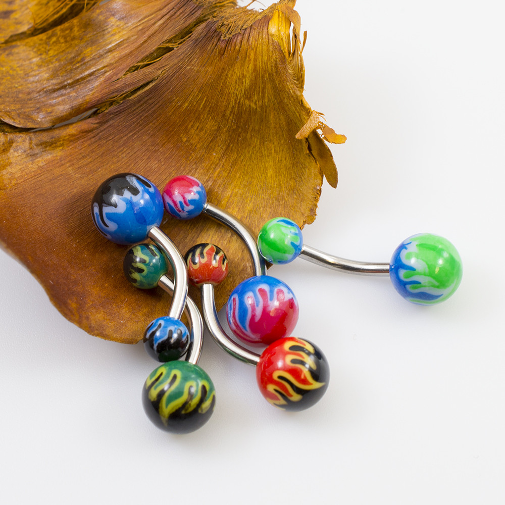 Pack of 5 Fire Flame Designed Belly Button Rings - Assorted Colors 14ga 3/8