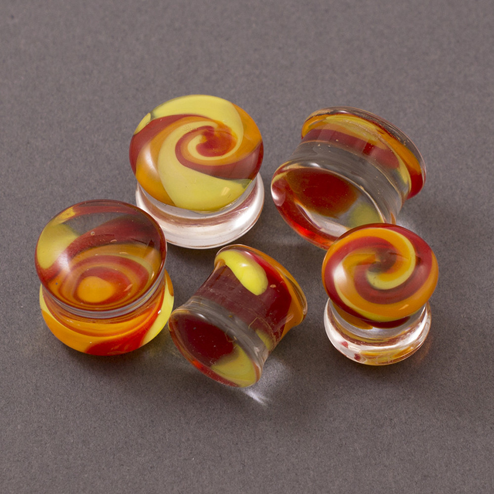 Double Flare Yellow Orange Swirl Pyrex Glass Plugs Ear Gauges