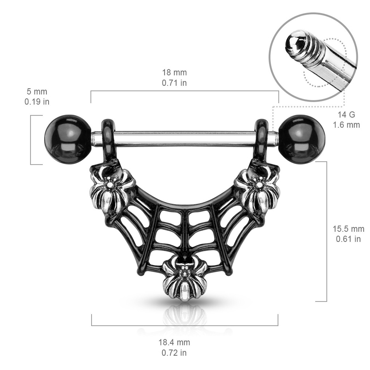 PVD Black Spiders on Web Dangle Nipple Barbell Ring 14G 14mm