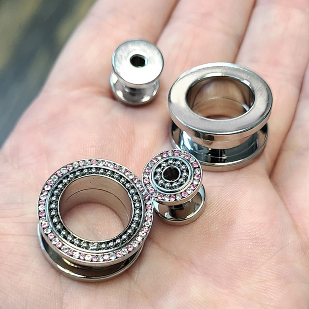 Pink & Clear Rim CZ Screw Fit Tunnels Plugs Ear Gauges