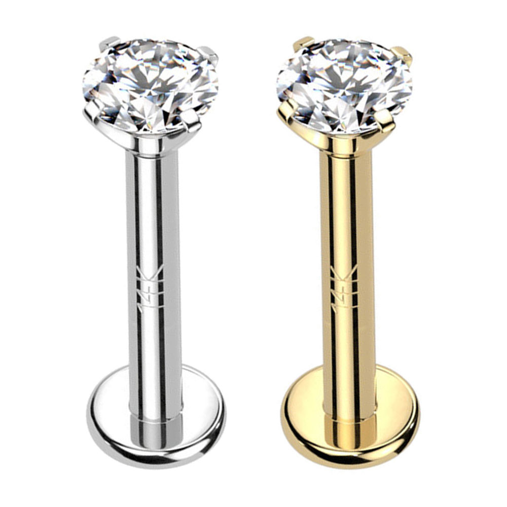 14K Gold Internal Thread CZ Labret Stud 16G