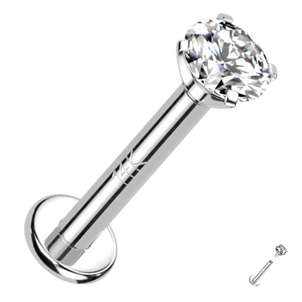14K Gold Internal Thread CZ Labret Stud 16G