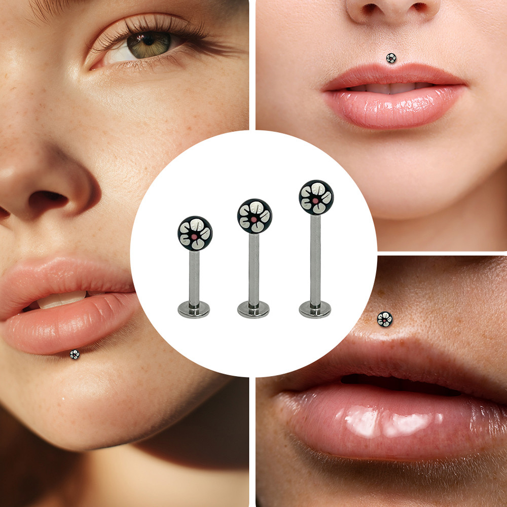 Hand Painted Flower Balls Flat Back Labret Stud 14G