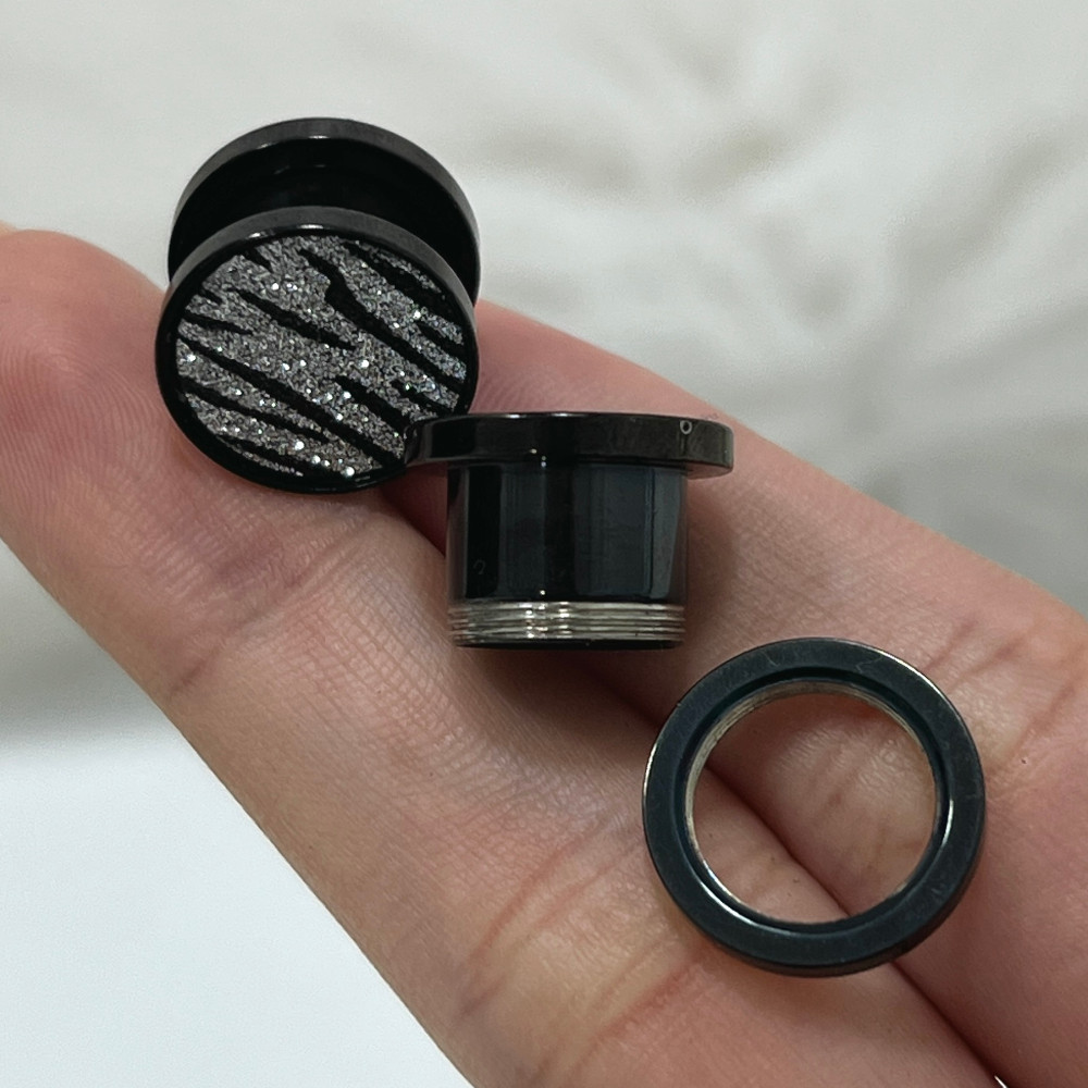 PVD Black Zebra Stripe Screw Fit Plugs Ear Gauges