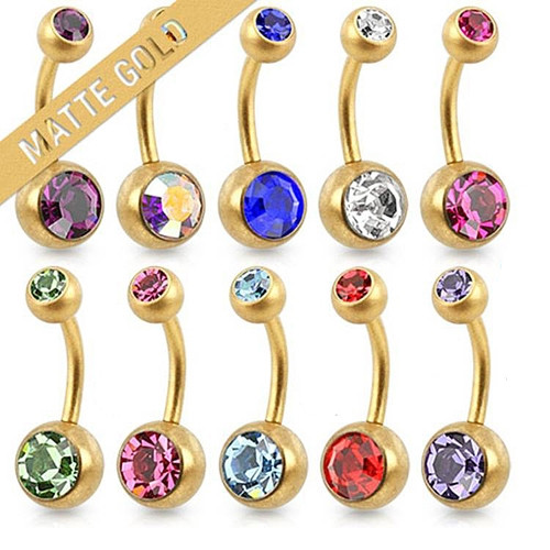 14 GA Double Jeweled Navel Ring Matte Gold IP Over 316L Surgical Steel ...